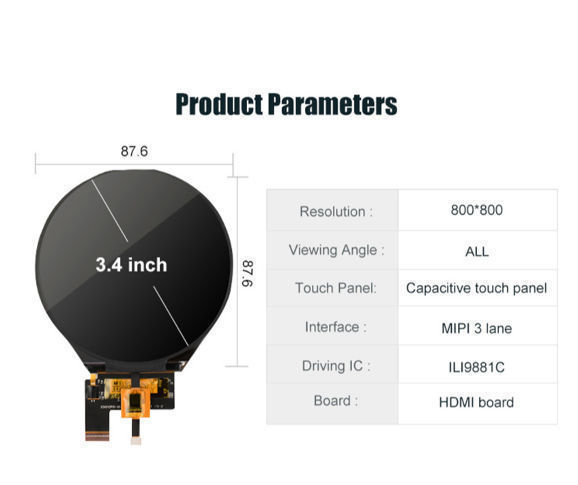 Kingtech 3.4 inch display 800*800 MIPI 3 lane ips round touch panel lcd display screen, mipi ...