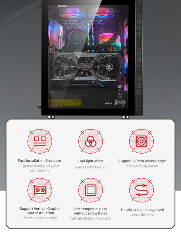 SAMA 3703 computer case master Easy ATX pc cabinet with cool ARGB strip ...