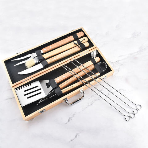 China Custom barbecue camping outdoor stainless steel 9 pcs wood handle bbq tool with wooden box ...