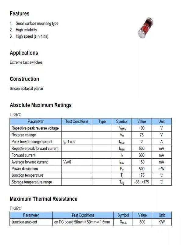 China 500mW Power Dissipation High Speed Switching Diode LL4148 LL-34 ...