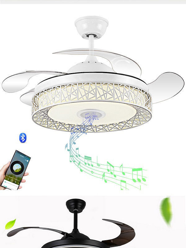 Black remote control Bluetooth dc retractable blades ceiling fan with ...
