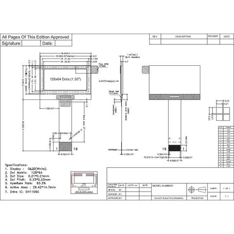 China 1.3" OLED display with 128x64 resolution 4-wire 16pins SPI White ...