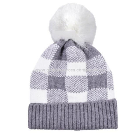 China Acrylic Knitted Checkered Hat with Fur Pompon,Jacquard Knit Hat ...