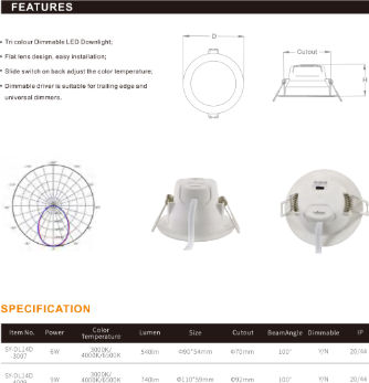 China LED Integrated Tri Color 9W Downlight 80lm/W RA80 PF0.5 220-240V ...