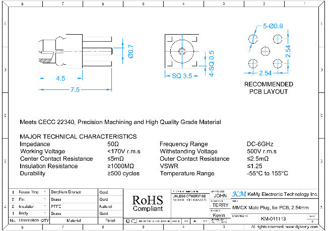 China MMCX Male Vertical Plug for PCB Mount Connector Layout 2.54mm Thick Gold Plated FREE ...