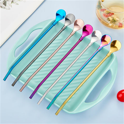 China Stainless steel straw spoon Metal color coffee milk tea beverage ...