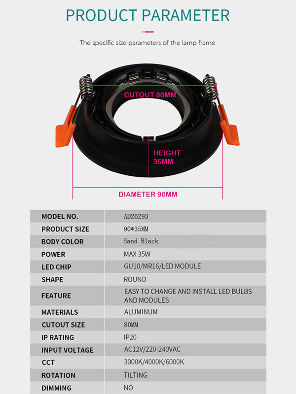 Round MR16 lamp recessed anti glare led spot light housing aluminum ...