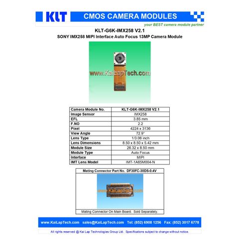 Hong Kong SAR KLT-G6K-IMX258 V2.1 IMX258 MIPI Interface Auto Focus 13MP ...