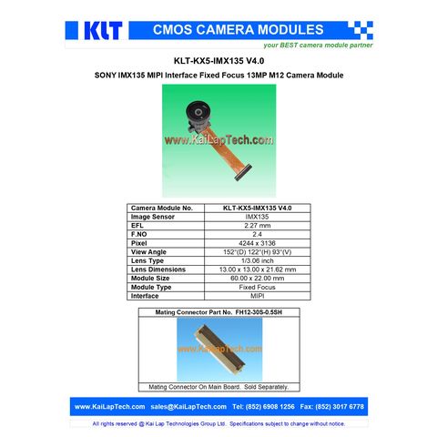 Hong Kong SAR KLT-KX5-IMX135 V4.0 IMX135 MIPI Interface Fixed Focus ...