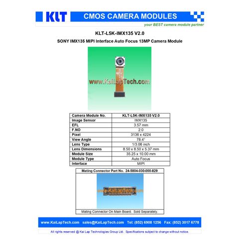 Hong Kong SAR KLT-L5K-IMX135 V2.0 IMX135 MIPI Interface Auto Focus 13MP ...