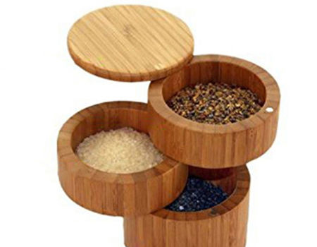 Round Bamboo Seasoning Box Rotating Cover Spice Jars Kitchen Supplies ...