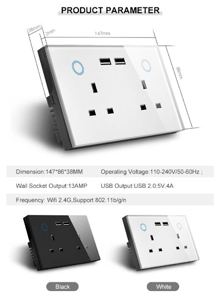 UK Standard Tuya WiFi Voice Control Touch Glass Panel Double USB ...