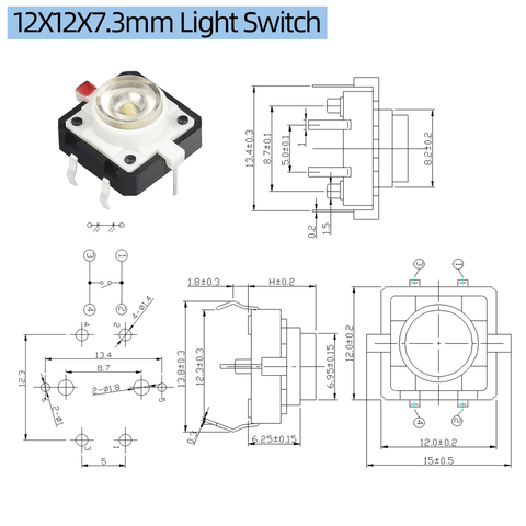 China Yellow LED 12X12X7.3 Tactile Push Button Switch Momentary Tact 5 ...
