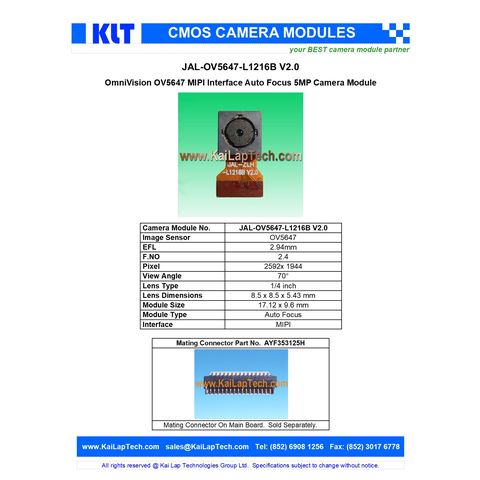 Hong Kong SAR JAL-OV5647-L1216B V2.0 OV5647 MIPI Interface Auto Focus ...
