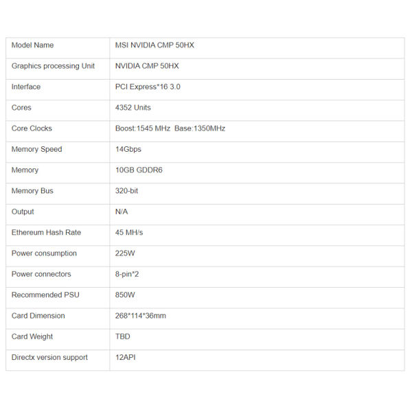 China Original MSI CMP 50HX 58-60mh 225W Graphics Card GDDR6 10GB 50 HX ...