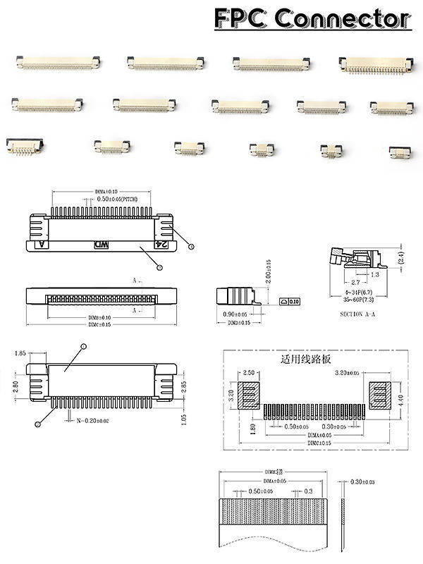 FPC connector 0.3mm Pitch Front insert flip-lock Au Contact Plating SMT ...