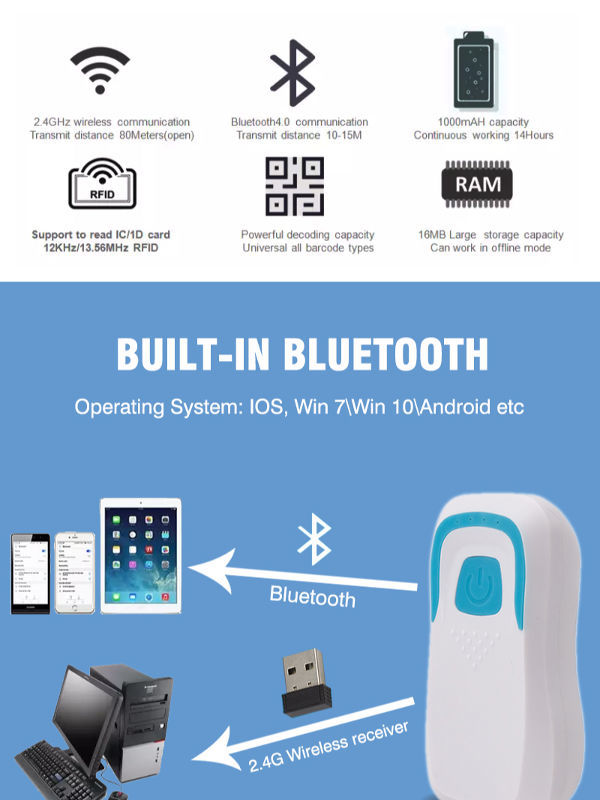 Mini Bluetooth RFID Reader 2D Barcode Scanner HR58, Bluetooth RFID ...
