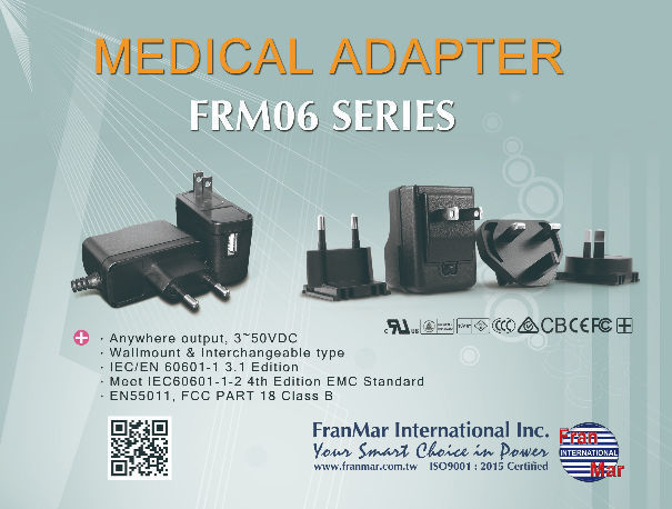 24V US ac adapter with 7W max. output, medical grade, UL/EN/IEC60601-1 ...