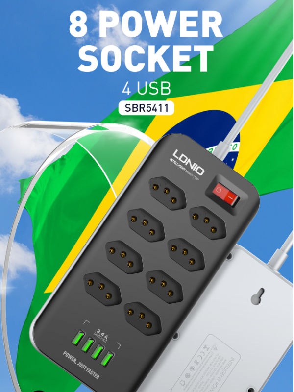 Brazil Plug Power Strip with 8AC Outlets and 4USB charging ports LDNIO ...