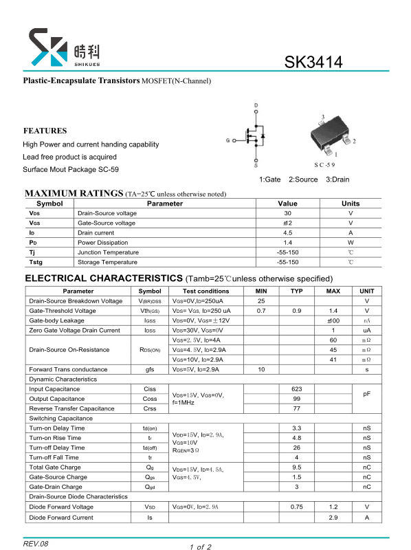 SHIKUES Mosfet P-channel 30V 4.5A SK3414 SC-59 surface mount package ...