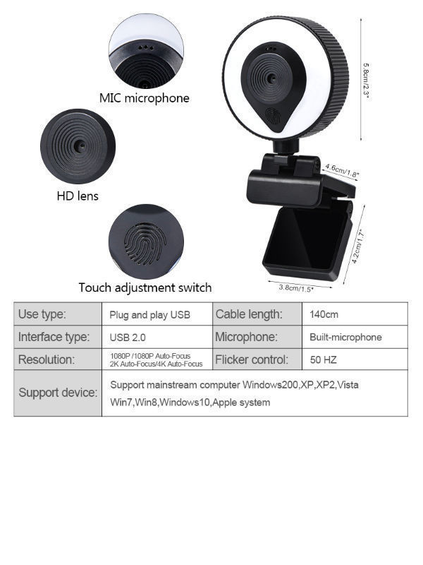 2K 1080p HD Webcam with Microphone and Ring Light, Webcam Cover, 3 ...