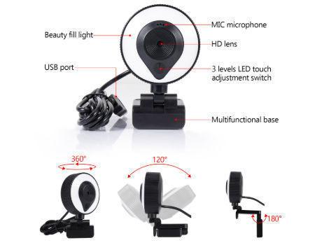 2K 1080p HD Webcam with Microphone and Ring Light, Webcam Cover, 3 ...