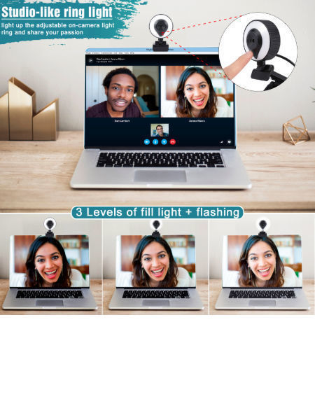 2K 1080p HD Webcam with Microphone and Ring Light, Webcam Cover, 3 ...