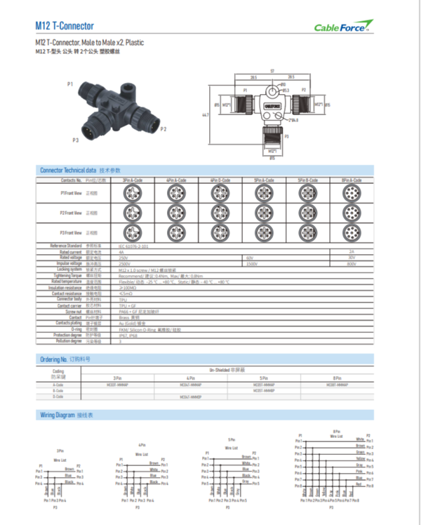 M12 T Adapter connector, frmale split to male and female, waterproof ...