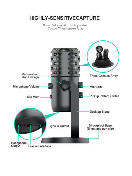 Wired USB Streaming Microphone Condenser Microphone Cardioid/Omni ...