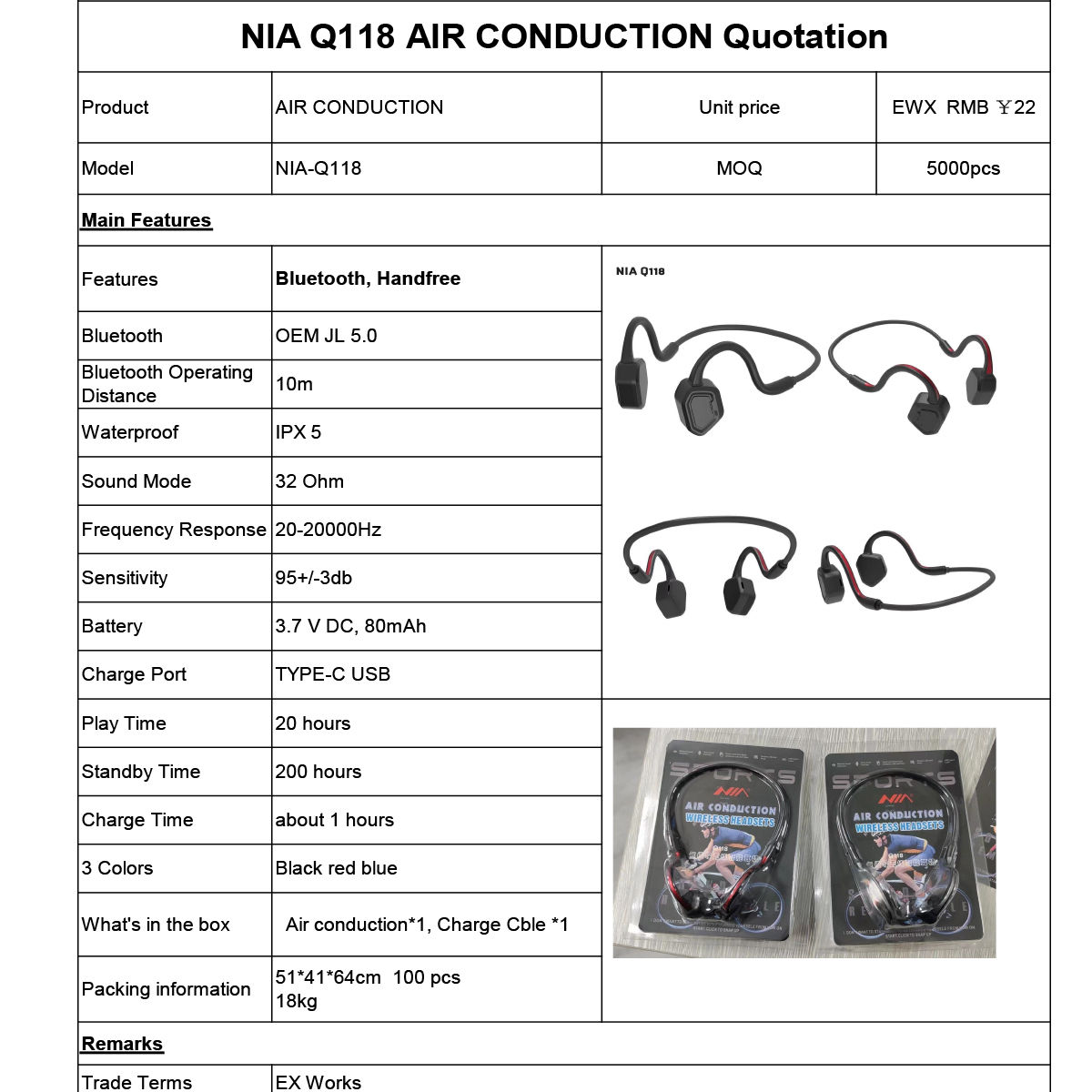 Q118 Air Conduction Oem Stereo Wireless Headsets Bone Conduction ...
