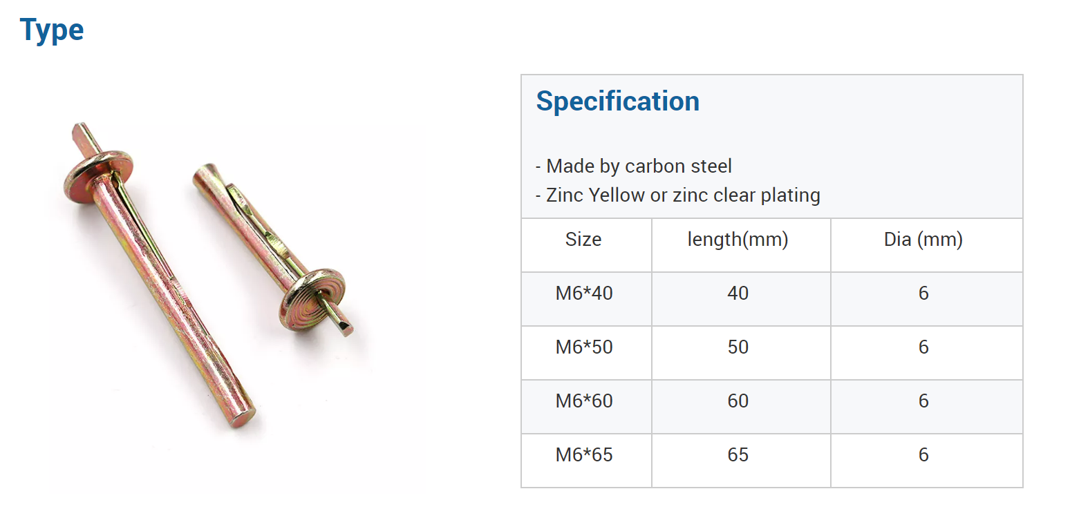 Expansion Fastener Suspending Yellow Zinc Plated 6 X 60mm Carbon Steel ...