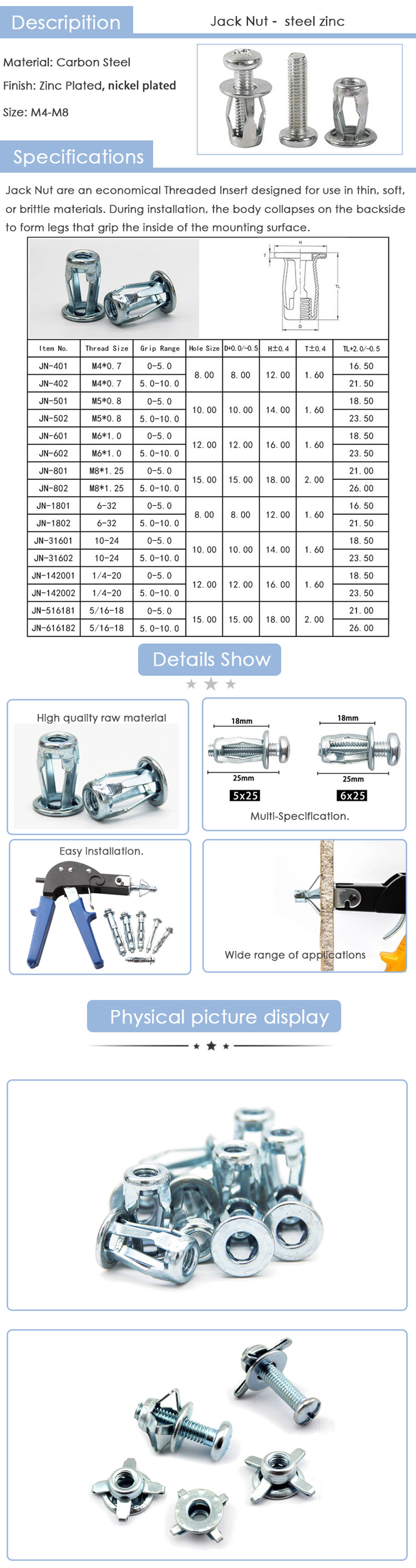 3/8 M6 Steel Zinc Plated Galvanized Stainless Steel Ss304 Petal Insert ...