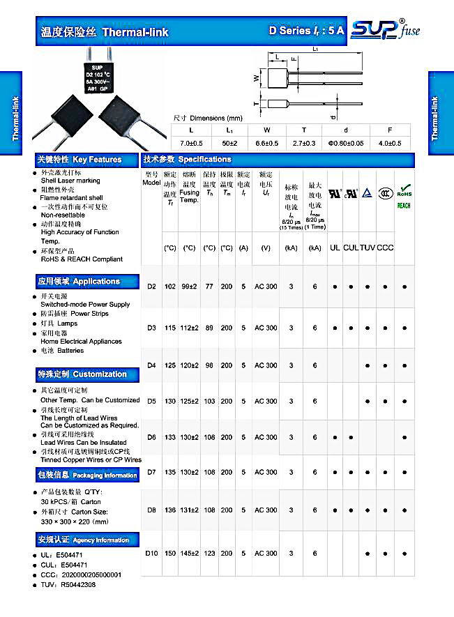 Buy Wholesale China Thermal Link/protectors With 5a,tf 102c To 150c ...