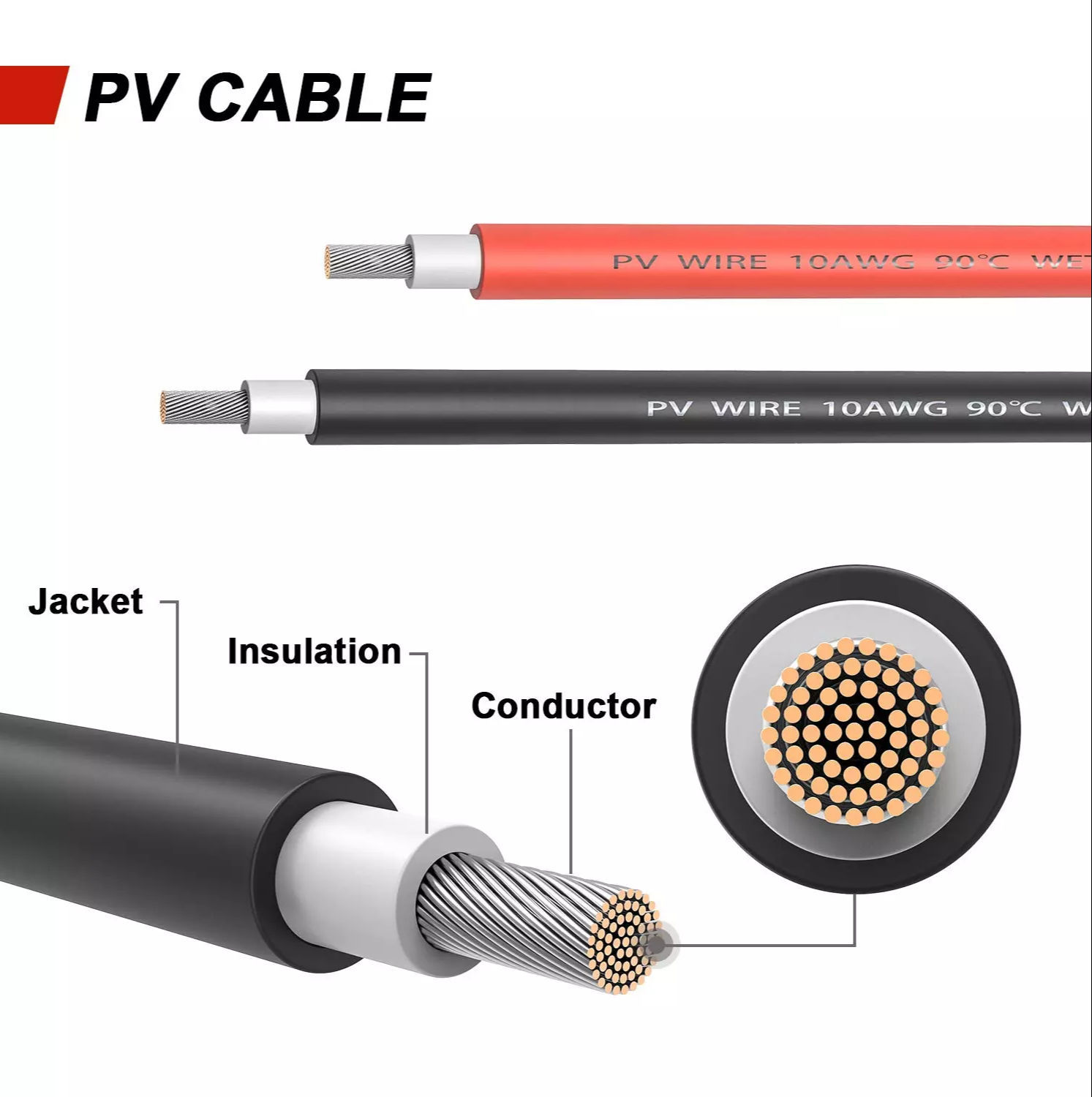 Black & Red Solar Pv Copper Cables Wires With Connector Solar Panel ...