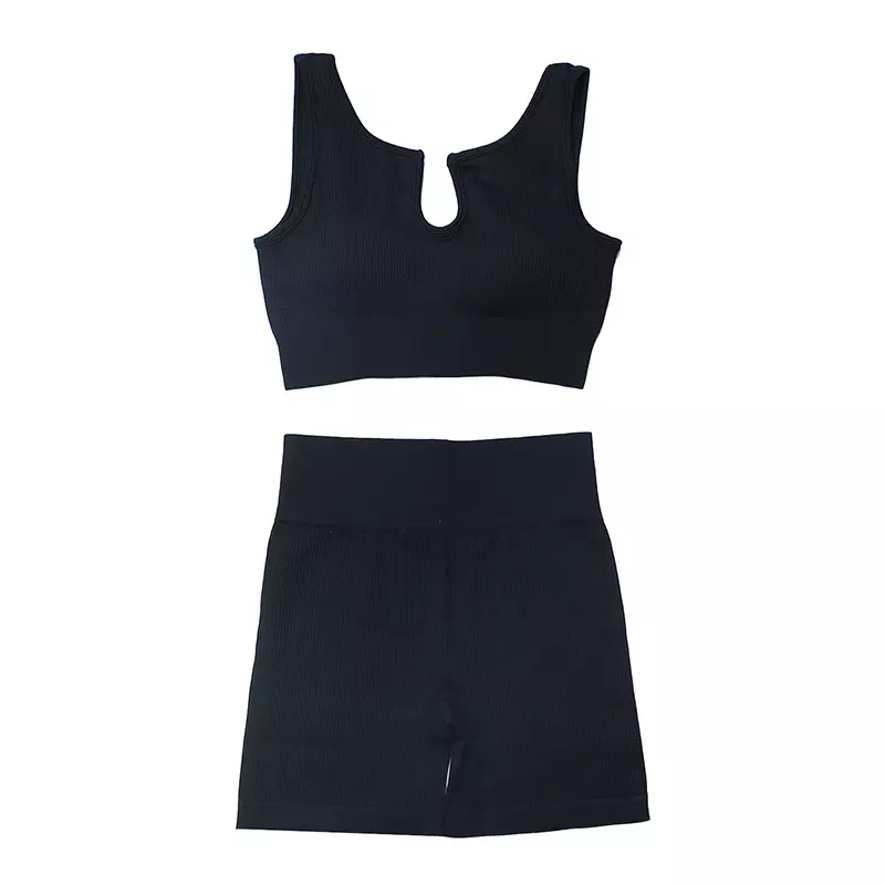 Fashionable Hollow Out Slim Seamless Gym Ribbed Two Piece Women Short ...