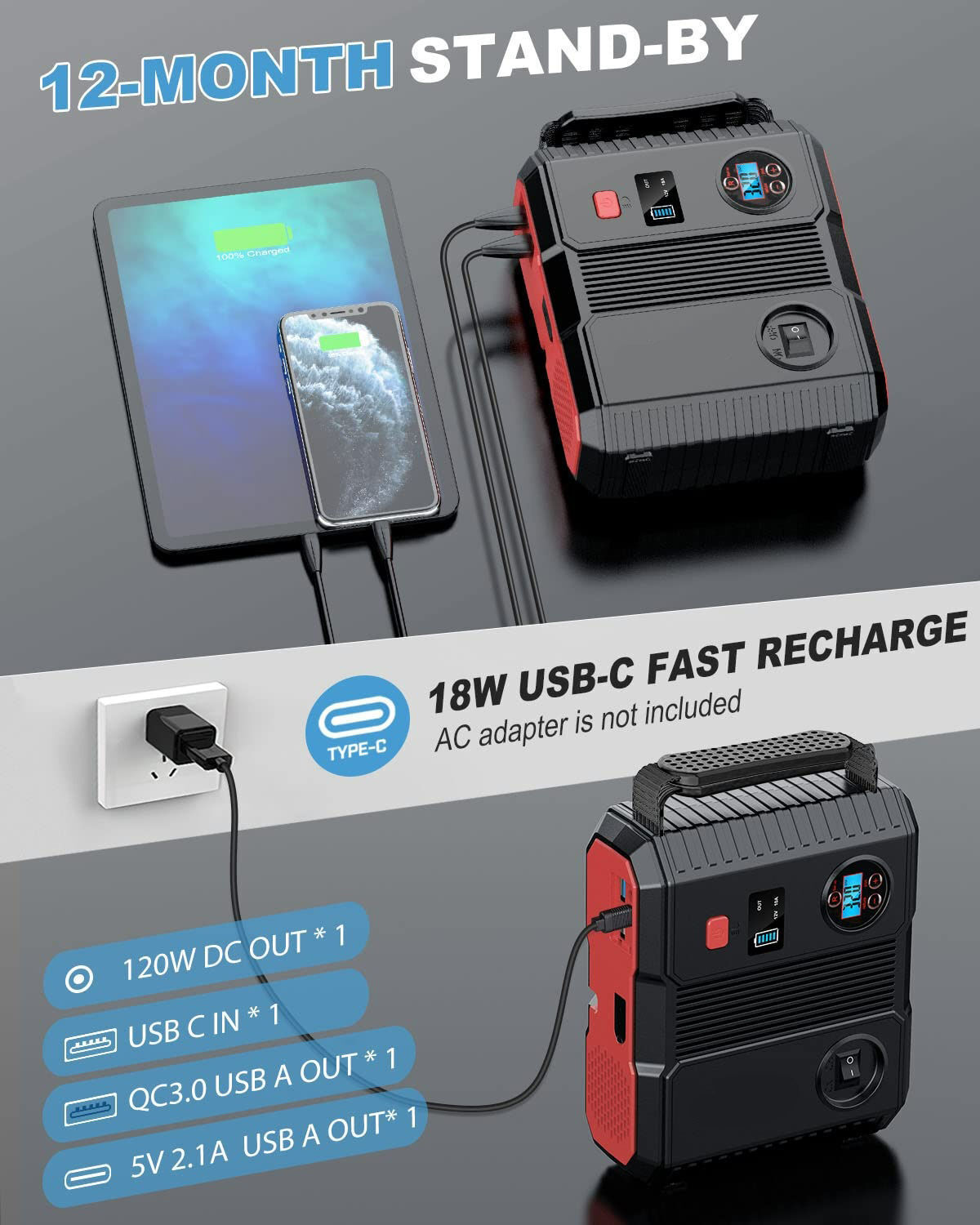 Buy Wholesale China Large Capacity 24000mah Jump Starter With Air ...