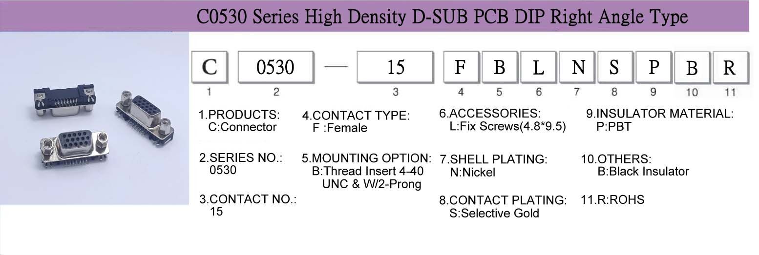 C0530 Series High Density D-sub Female Pcb Dip Right Angle Type, D-sub ...
