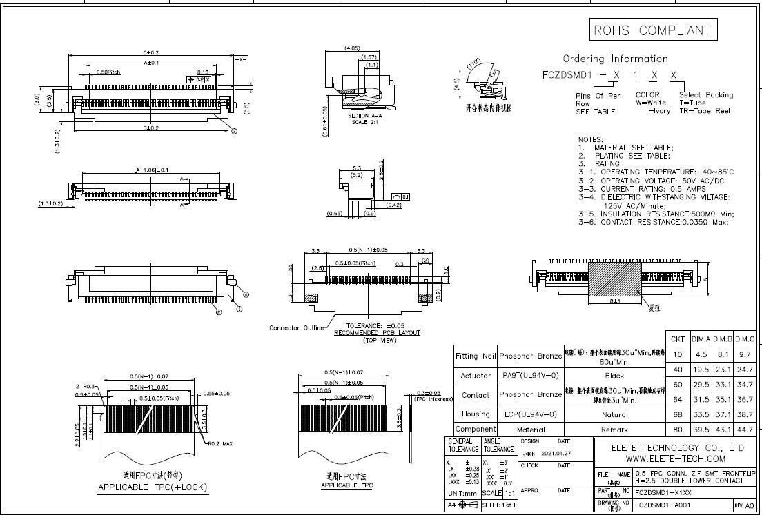 Buy Wholesale China Molex 5051105091 Equivalent 0.5mm Pitch 50 Way Right Angle Female Fpc ...