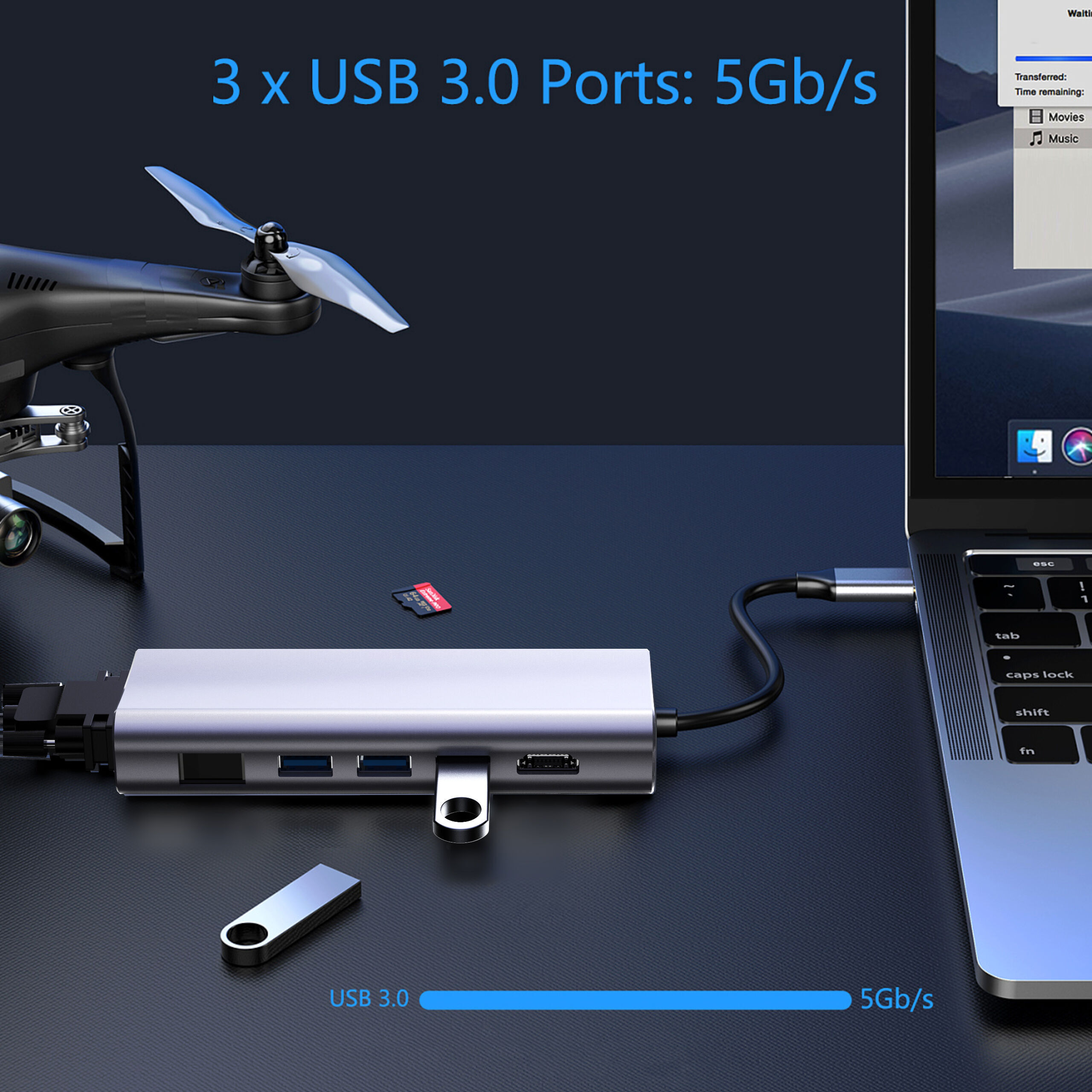 E-sun 10 Port In 1 Type C Hub Usb Hub Usb3.0*3 Tf/sd Hub Rj45 Audio ...