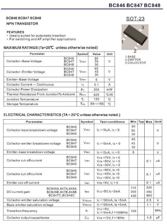 BC847 Transistor Pinout, Datasheet, Equivalent, Circuit, 43% OFF