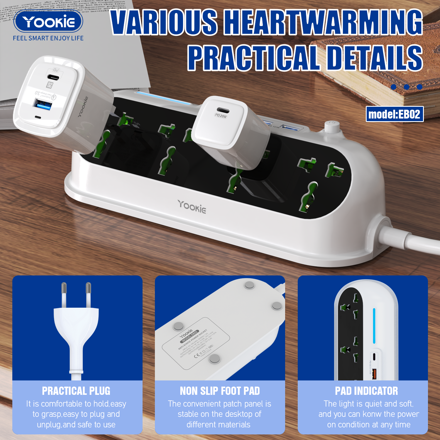 Yookiepower Strip Surge Protector - Flat Plug, Wall Mount, 8 Wide Outlets With 4 Usb Ports (1 ...