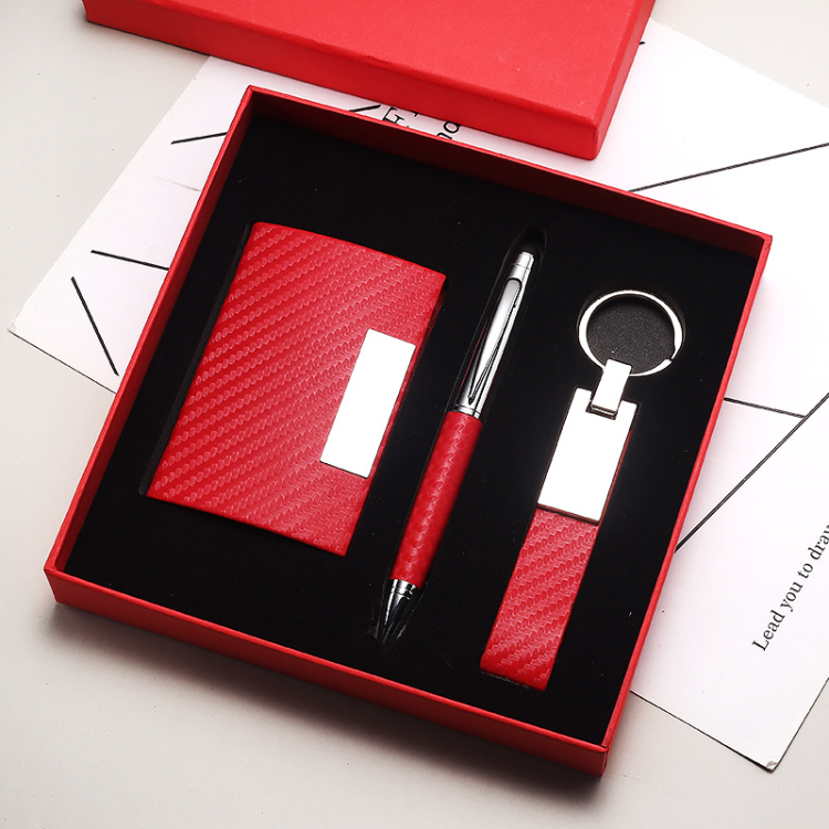 Wood Pattern Pu Leather Pen Gift Set Key Chain Ring Business Card ...