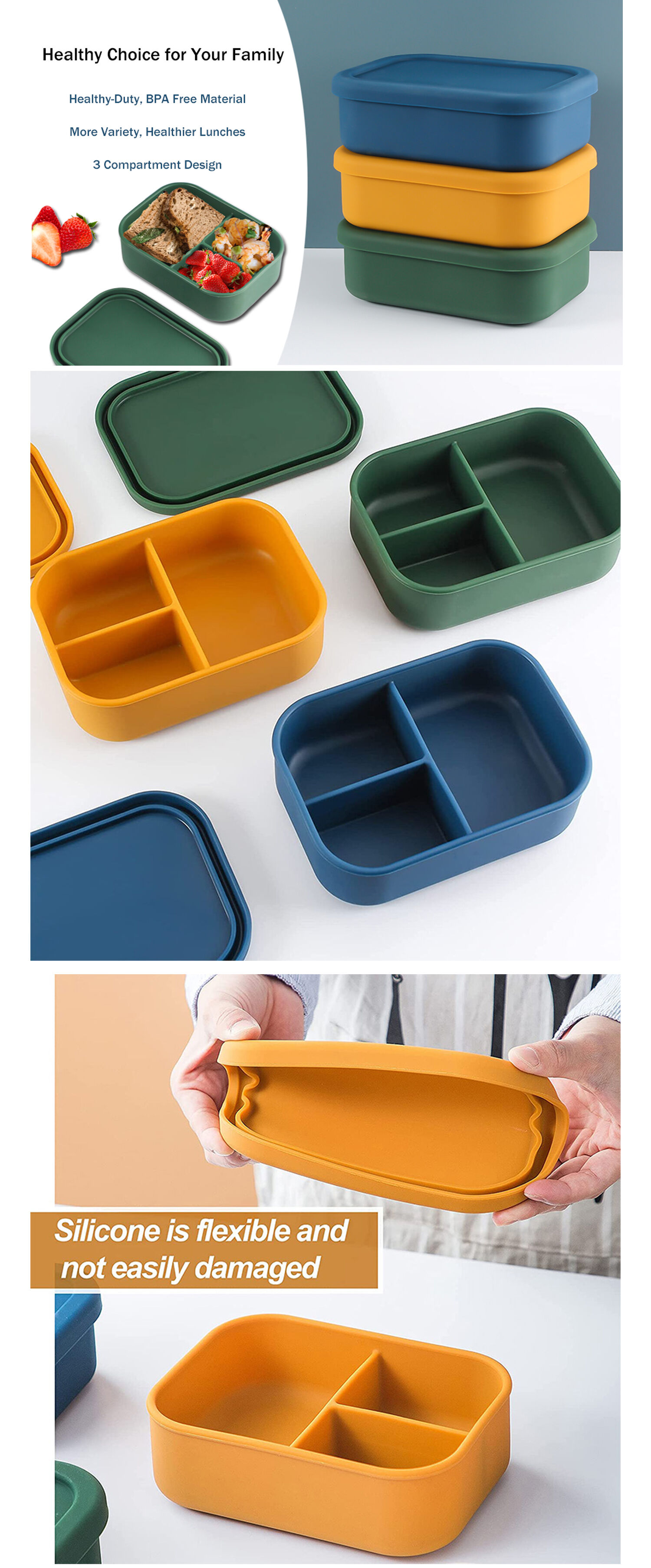Buy Wholesale China Bpa-free Silicone Lunch Bento Box 3 Compartments ...
