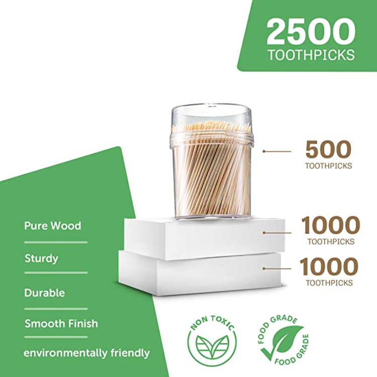 2500 Wooden Toothpicks - With Reusable Holder | Sturdy Smooth Tooth ...