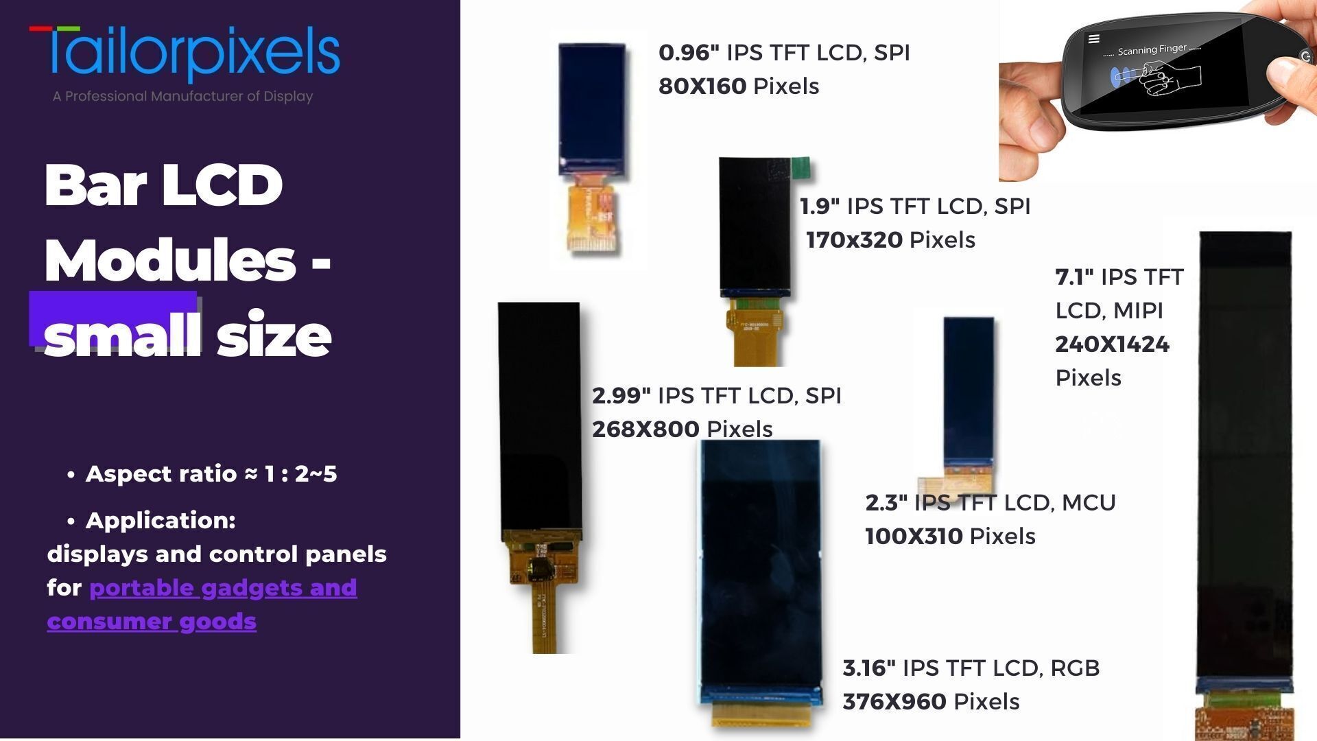 3.4 Inch Lcd With In-cell Capacitive Touch, Mcu, 180×640, 1:3.5 ...
