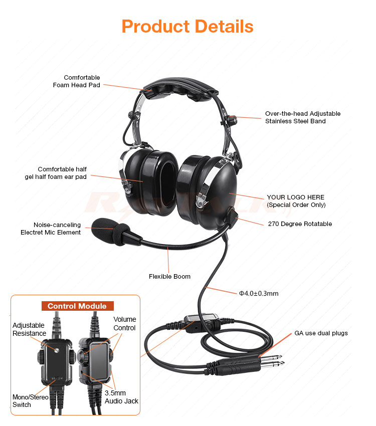 Pnr Passive Noise Cancelling Heavy Duty Aviation Headset With Electret ...
