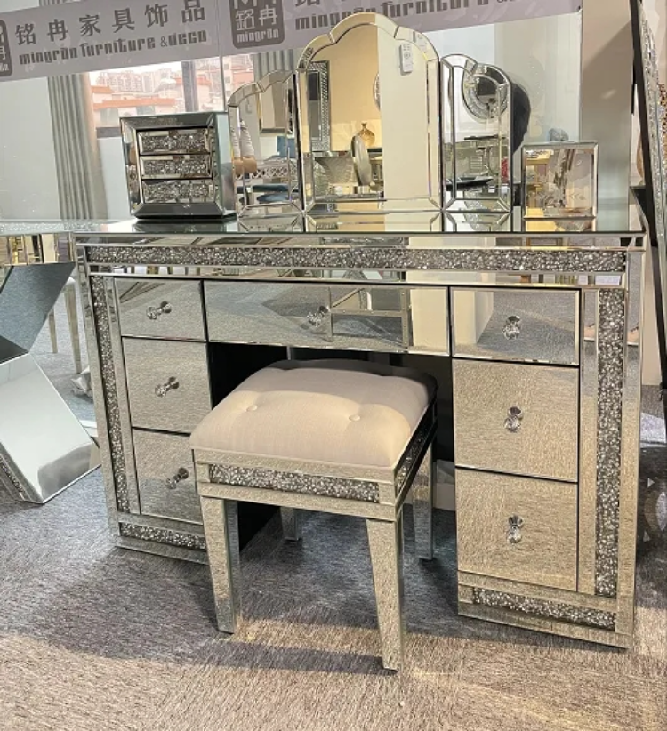 Modern Glam Mirrored Frame Shinny Crystal Decor Vanity Table Dresser ...