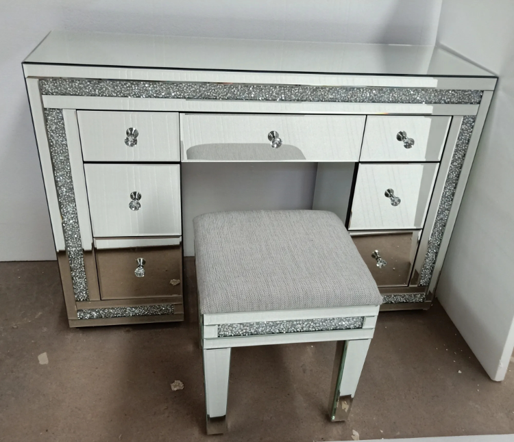 Modern Glam Mirrored Frame Shinny Crystal Decor Vanity Table Dresser ...