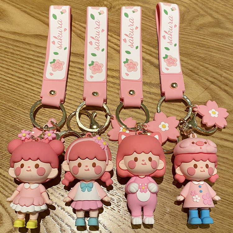 Fashion Pink Cherry Blossom Girl Keychain For Women Girl Cute Rubber ...