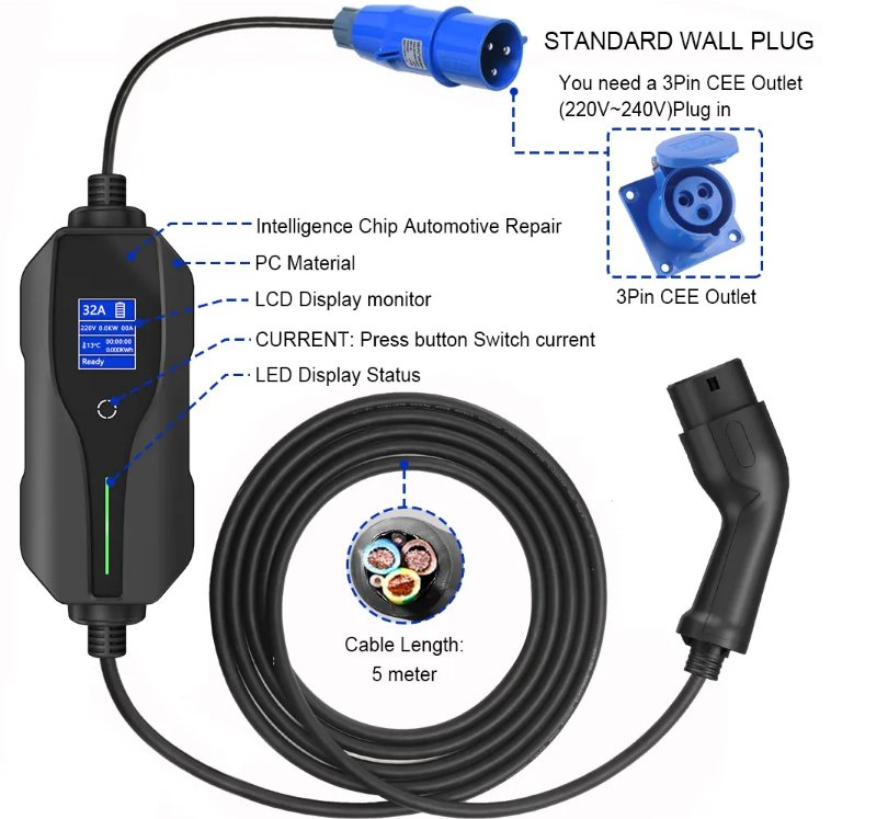 Buy Wholesale China Portable 7kw 32a Lcd Screen Ev Charger Type 1 Type ...